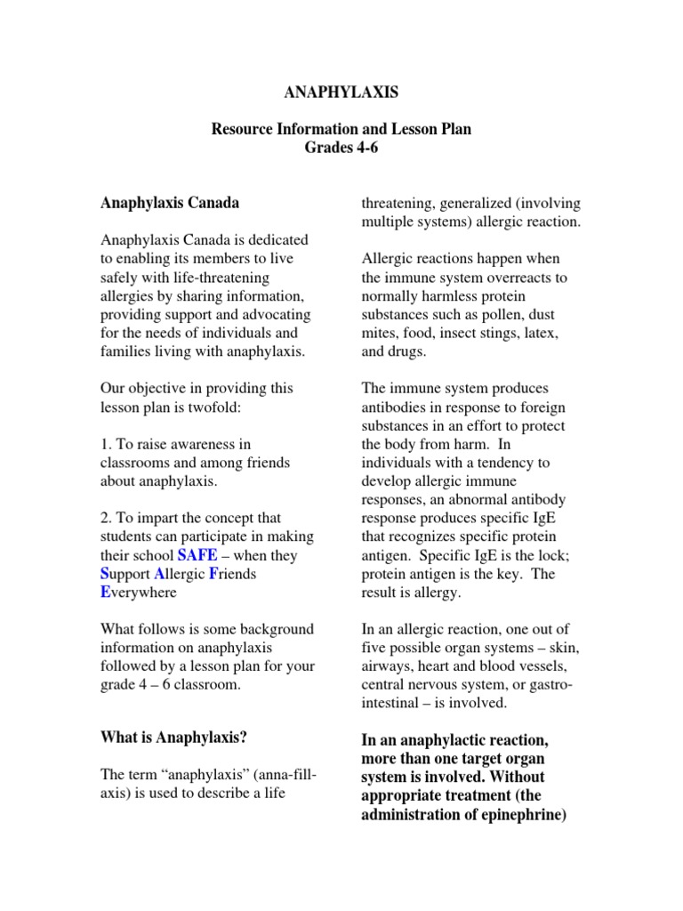 Anaphylaxis Resource Information and Lesson Plan Grades 4-6: Safe S A F ...