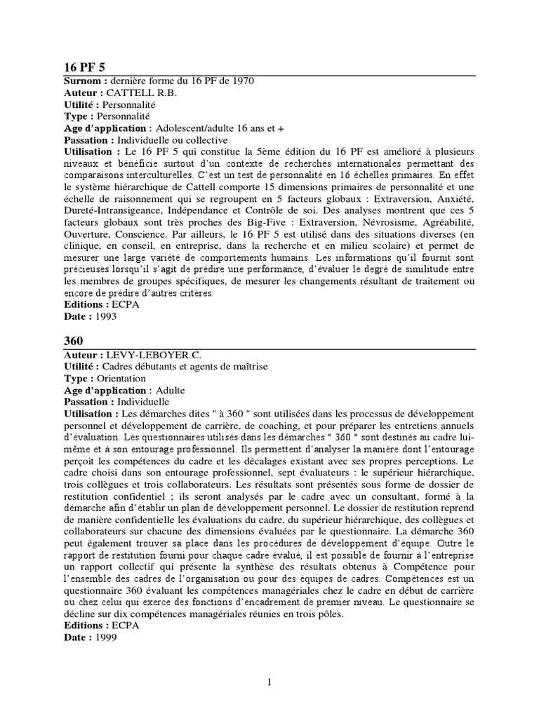 Tests de personnalité et d'acquisition scolaire | PDF | Lecture ...