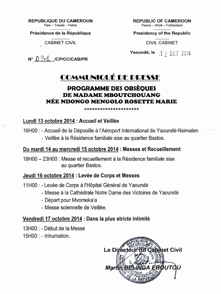 Programme Des Obseques de Mme Mbouatchang Nee Mengolo Rosette Marie | PDF