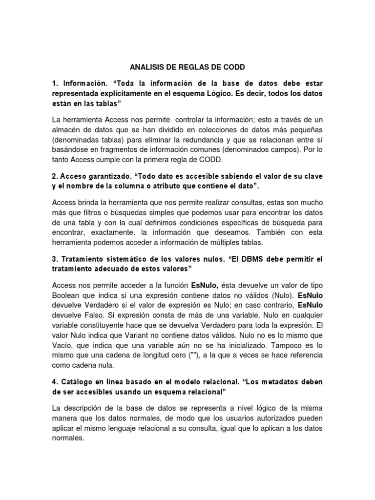 Analisis de Reglas de Codd | Descargar gratis PDF | Modelo relacional | Bases de datos