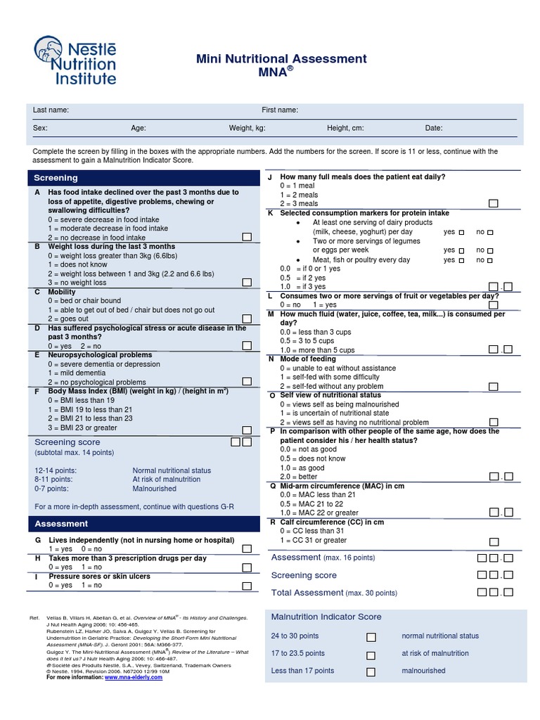 Mini Nutritional Assessment | PDF | Weight Loss | Malnutrition