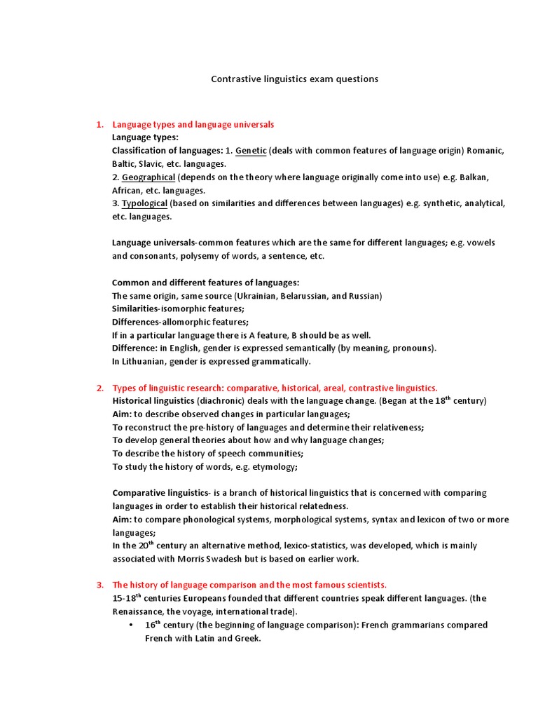 Contrastive Linguistics Exam Questions | PDF | Consonant | Semantics