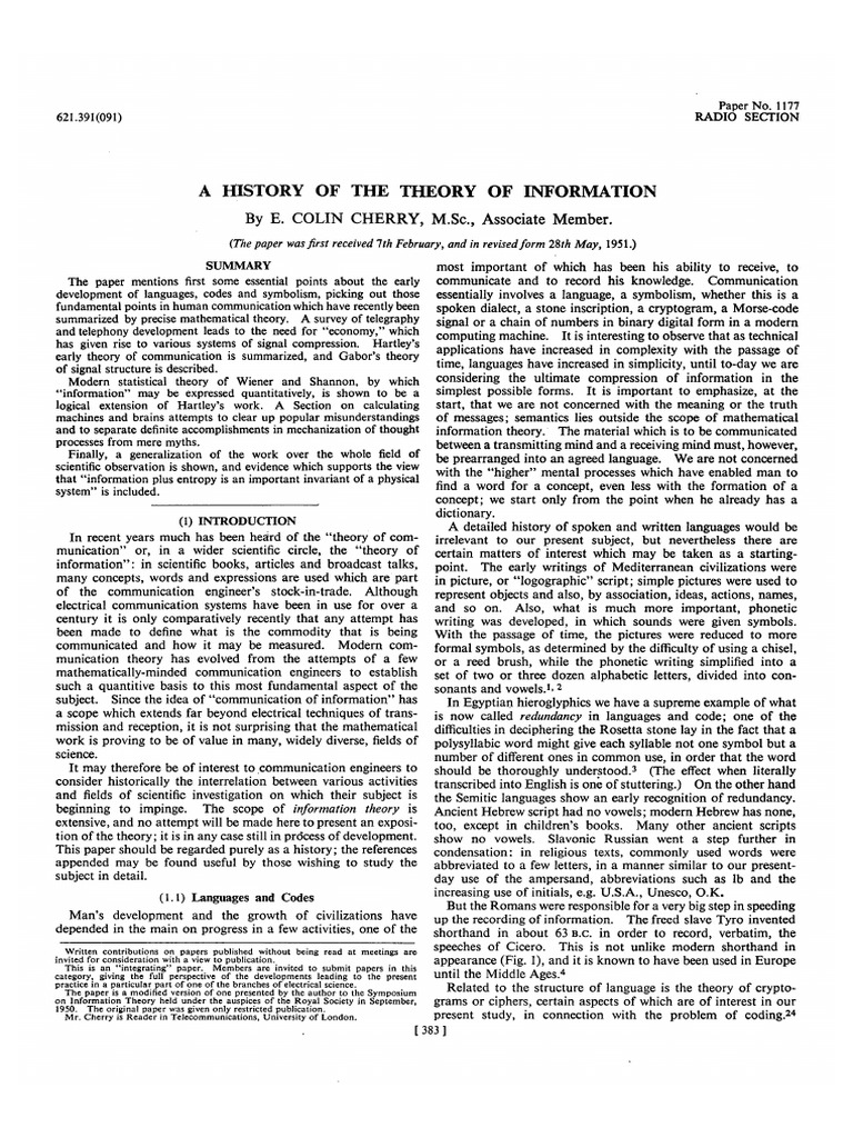 A History of The Theory of Information (E. Colin Cherry) PDF | PDF ...