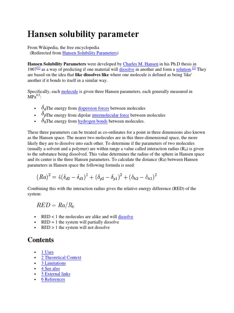 Hansen Solubility Parameter | PDF | Intermolecular Force | Chemical ...