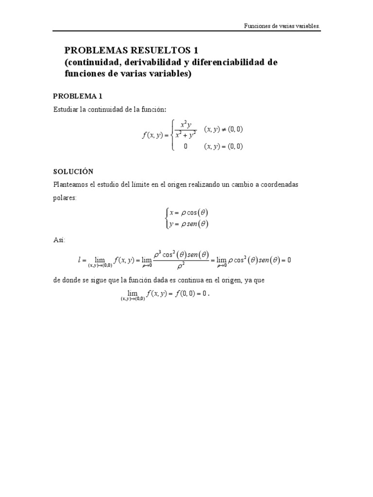 Problemas Resueltos Derivabilidad - Funciones Varias Variables | PDF | Derivado | Función continua