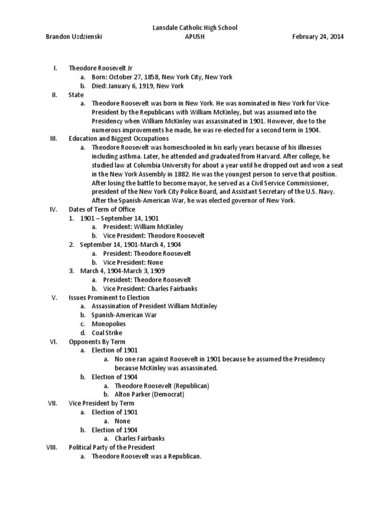 Theodore Roosevelt Presidential Outline | PDF | Theodore Roosevelt ...