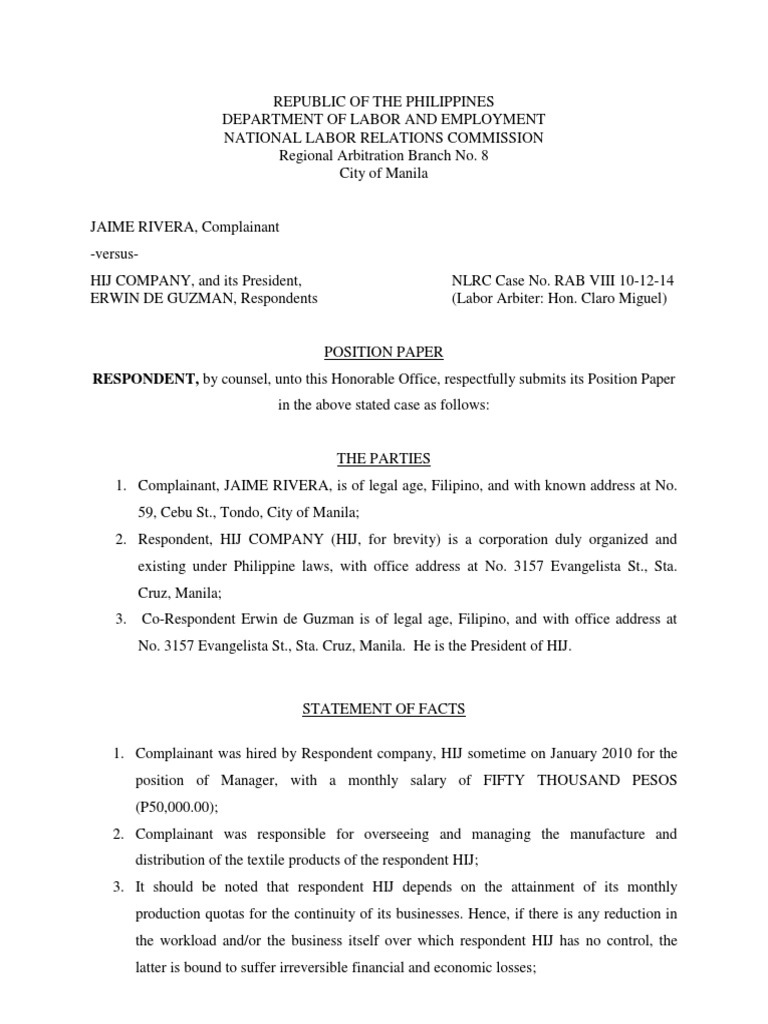 NLRC Position Paper_Arpon | Wage | United States Labor Law | Free 30 ...