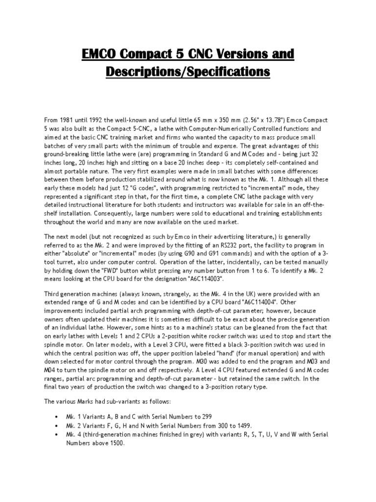 EMCO Compact 5 CNC Versions and Specs PDF | PDF | Computer Architecture ...