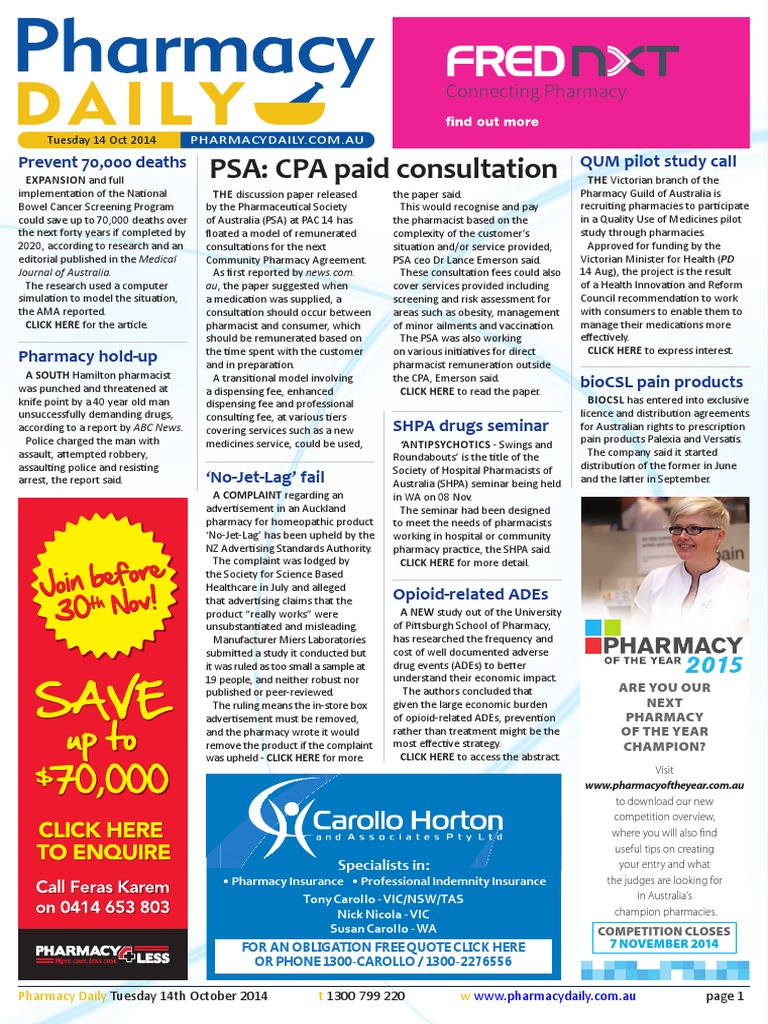 Pharmacy Daily For Tue 14 Oct 2014 - PSA: CPA Paid Consultation, Rep ...