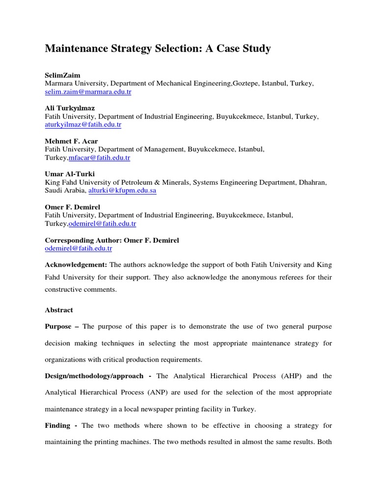 Maintenance Strategy Selection A Case Study PDF | PDF | Strategic ...