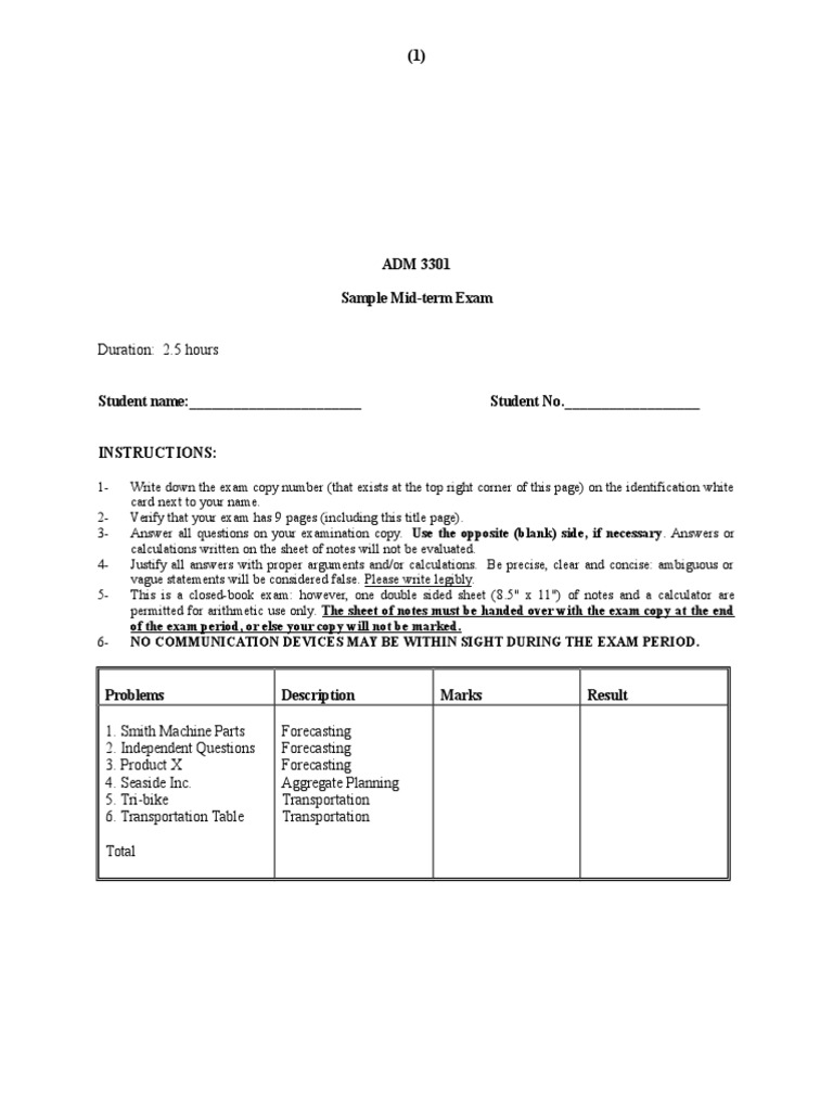 Midterm Sample ADM 3301 | Forecasting | Regression Analysis