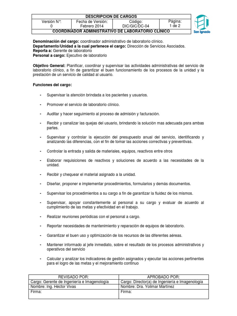 Descripcion de Cargo de Coordinador Administrativo | PDF | Laboratorios | Sistema de manejo de ...