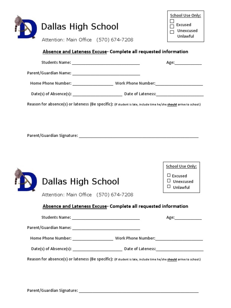 Absence and Lateness Excuse Form | PDF
