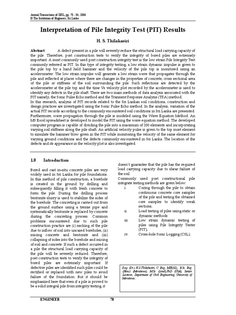 Interpretation of Pile Integrity Test (PIT) Results by H.S. Thilakasiri ...
