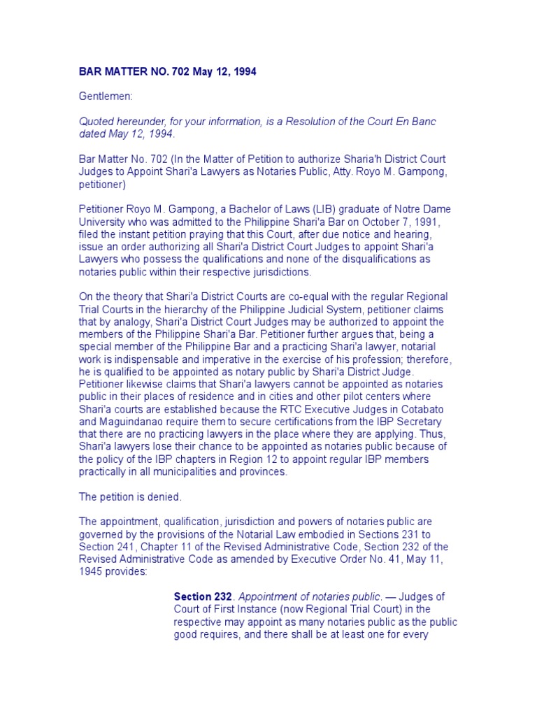1 Bar Matter No. 702, May 12, 1994. | PDF | Civil Law (Common Law ...