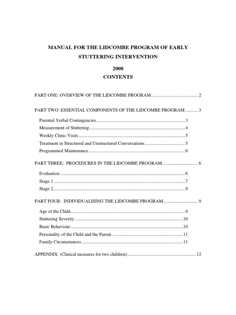 Manual For The Lidcombe Program of Early Stuttering Intervention | PDF ...