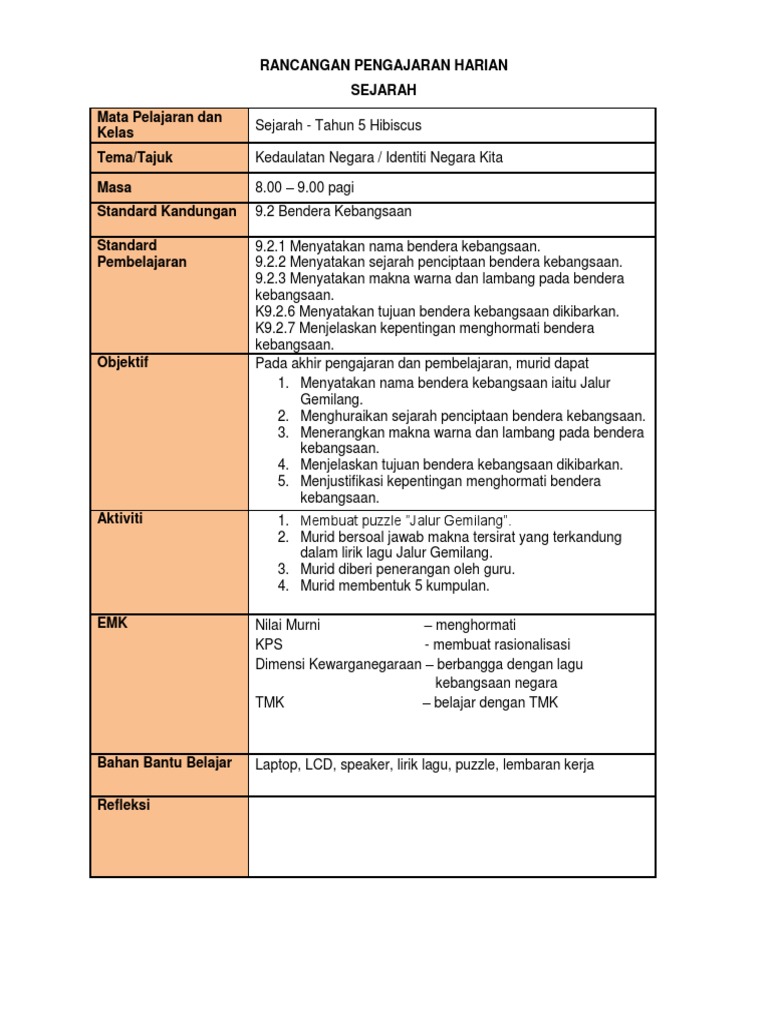 RPH - Sejarah Tahun 5 - Bendera | PDF