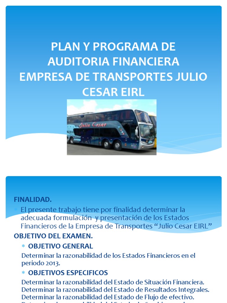 Plan y Programa de Auditoria Financiera | PDF | Contabilidad | Transporte