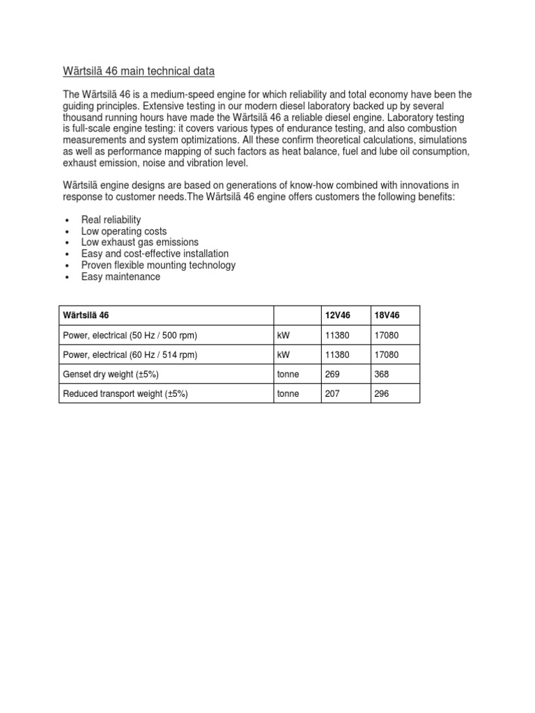 Wärtsilä 46 Engine Specifications | PDF