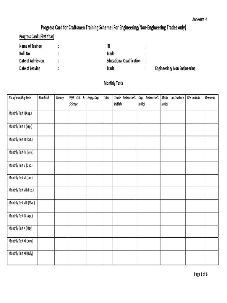 Progress Card For Craftsmen Training Scheme (For Engineering/Non ...