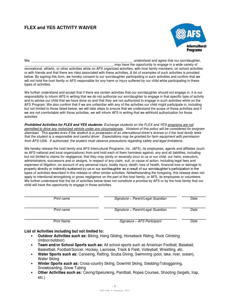 FORM - Activity Waiver (AFS-hosted) | PDF | Legal Guardian | Sports