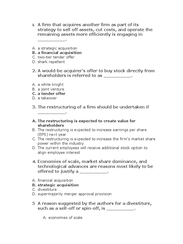 MCQ | PDF | Takeover | Mergers And Acquisitions