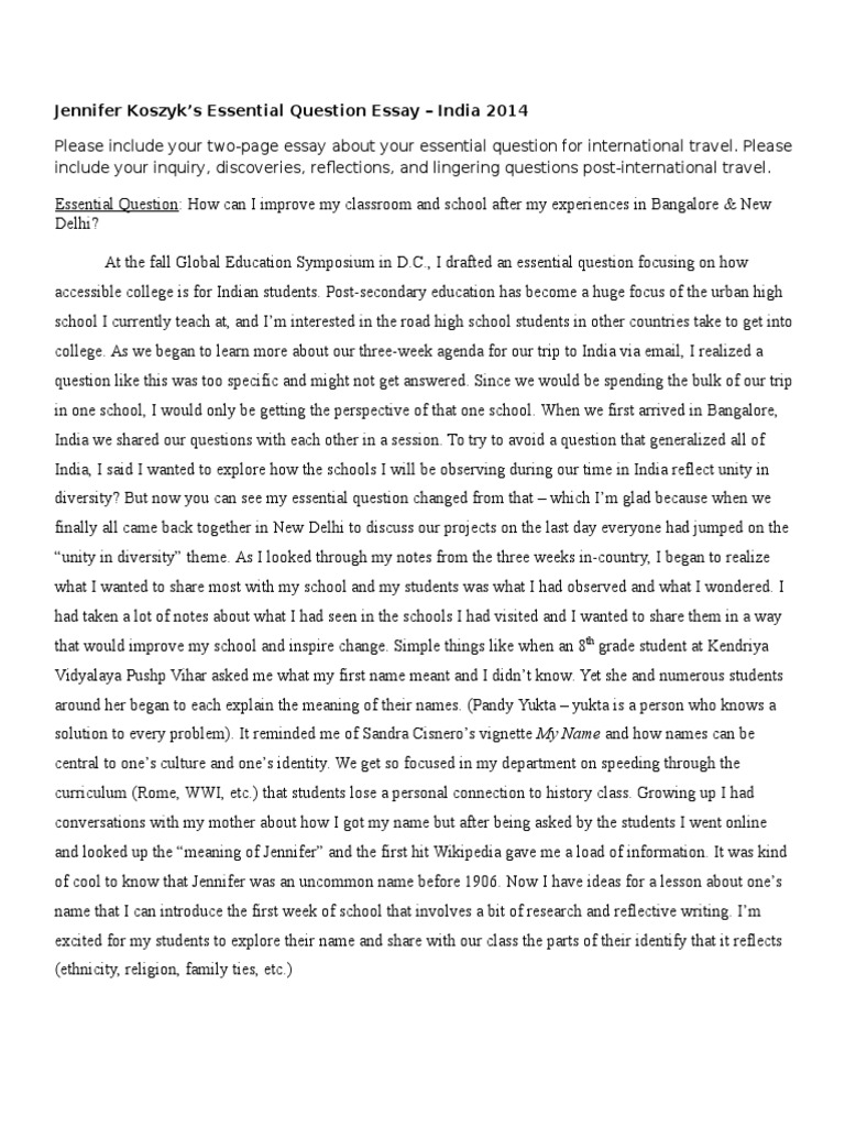 Essential Questions Essay | PDF | Classroom | Teachers