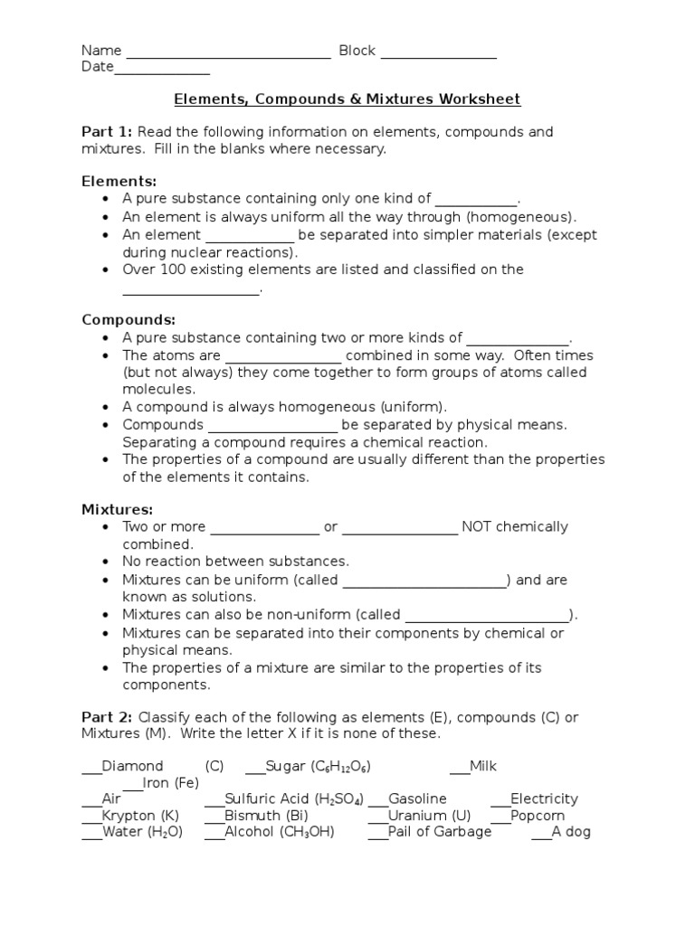 Elements Compounds And Mixtures Worksheet