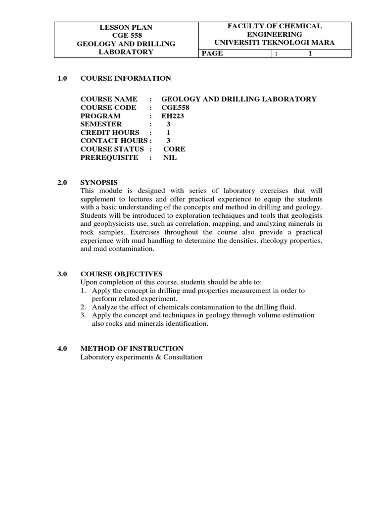 Lesson Plan CGE558 Geology & Drilling Lab Old To Student | PDF ...