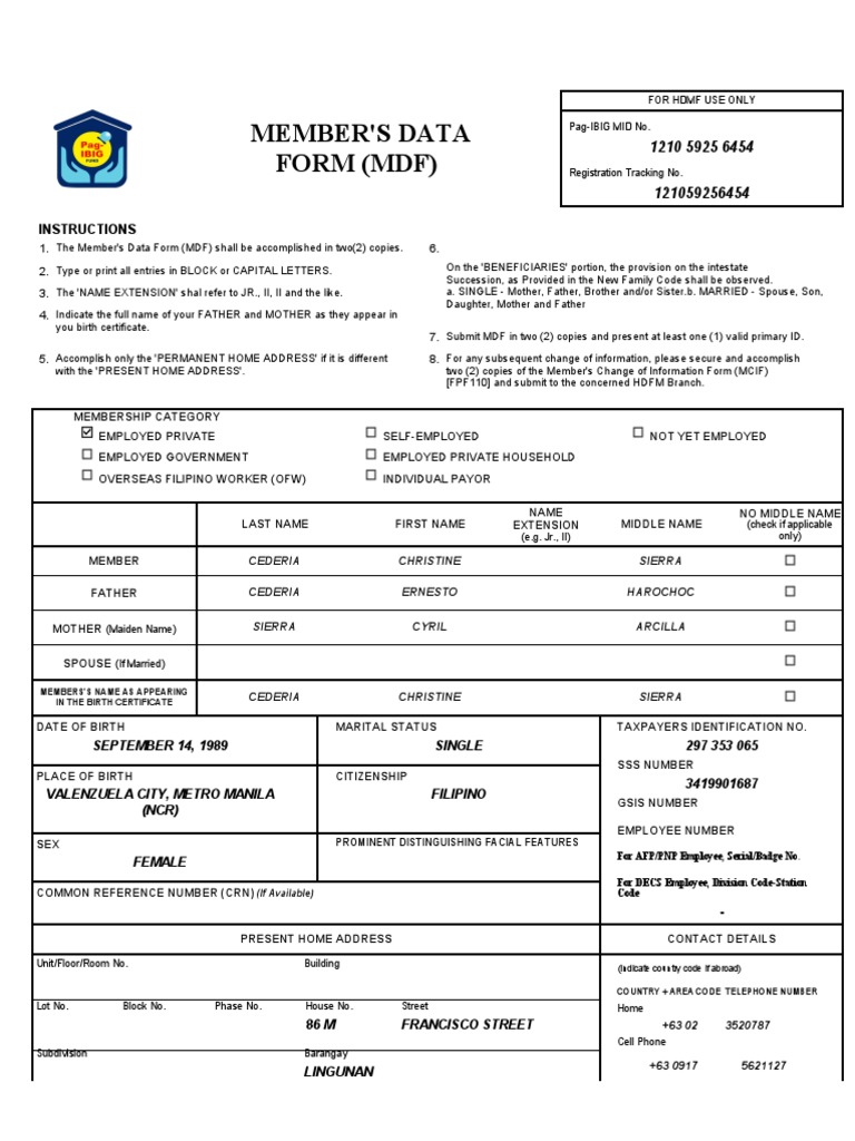 Member's Data Form (Mdf) Print (No | Metro Manila | Address (Geography)