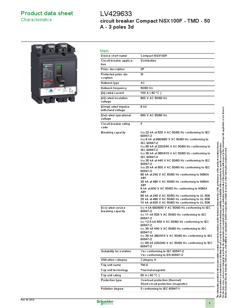 NSX100F Circuit Breaker Data Sheet | PDF | Electrical Components ...