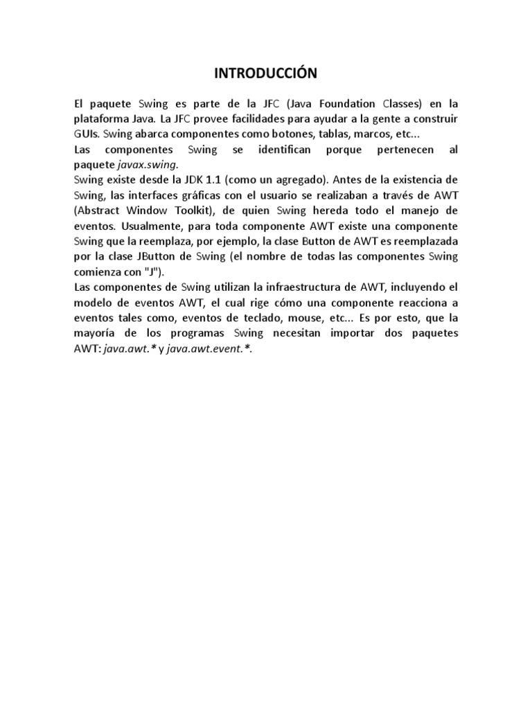 Swing 1 | PDF | Java (lenguaje de programación) | Interfaces gráficas de usuario