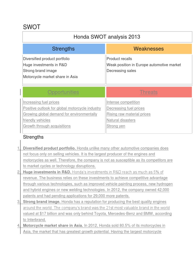 SWOT Analysis of Honda | PDF | Honda | Hybrid Electric Vehicle