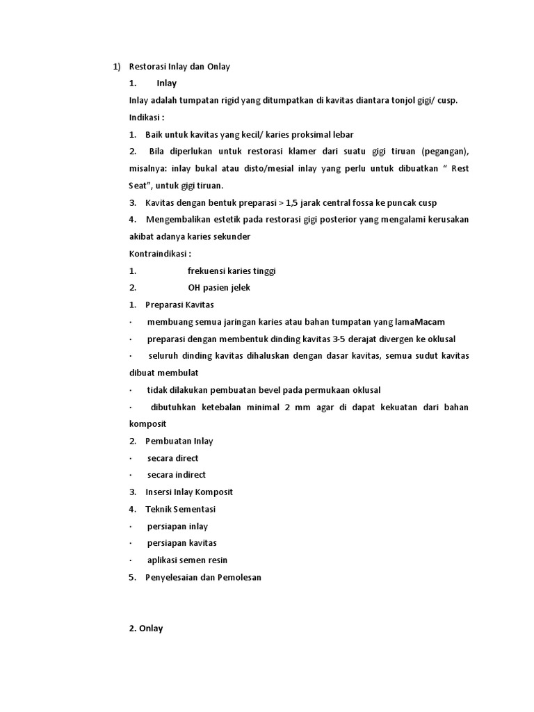 Restorasi Inlay Dan Onlay | PDF