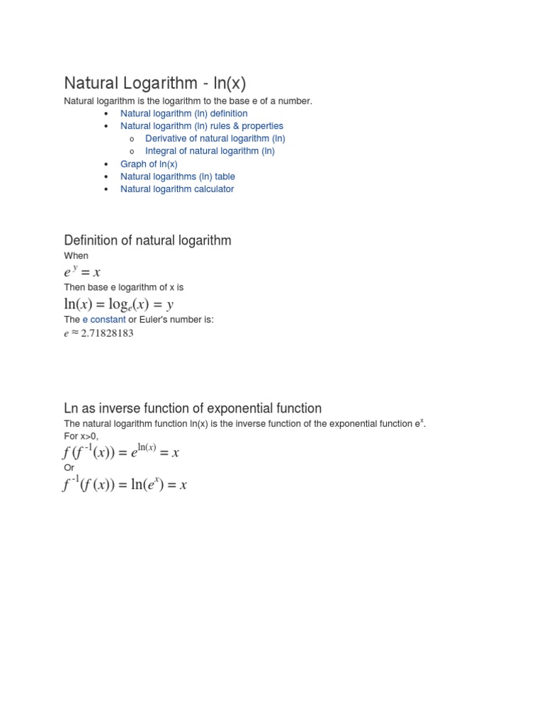 Natural Logarithm - Properties, Rules, Derivative & Integral | PDF ...