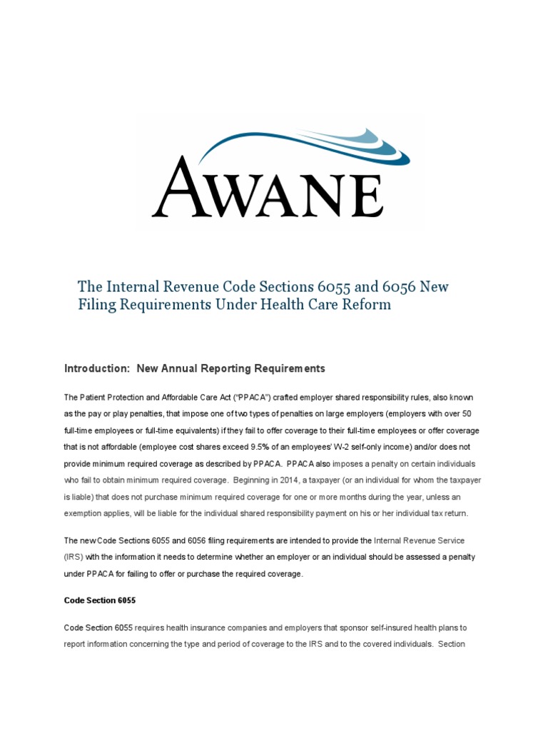 IRS Code 6055 & 6056 New Filing Under HCR | PDF | Patient Protection ...