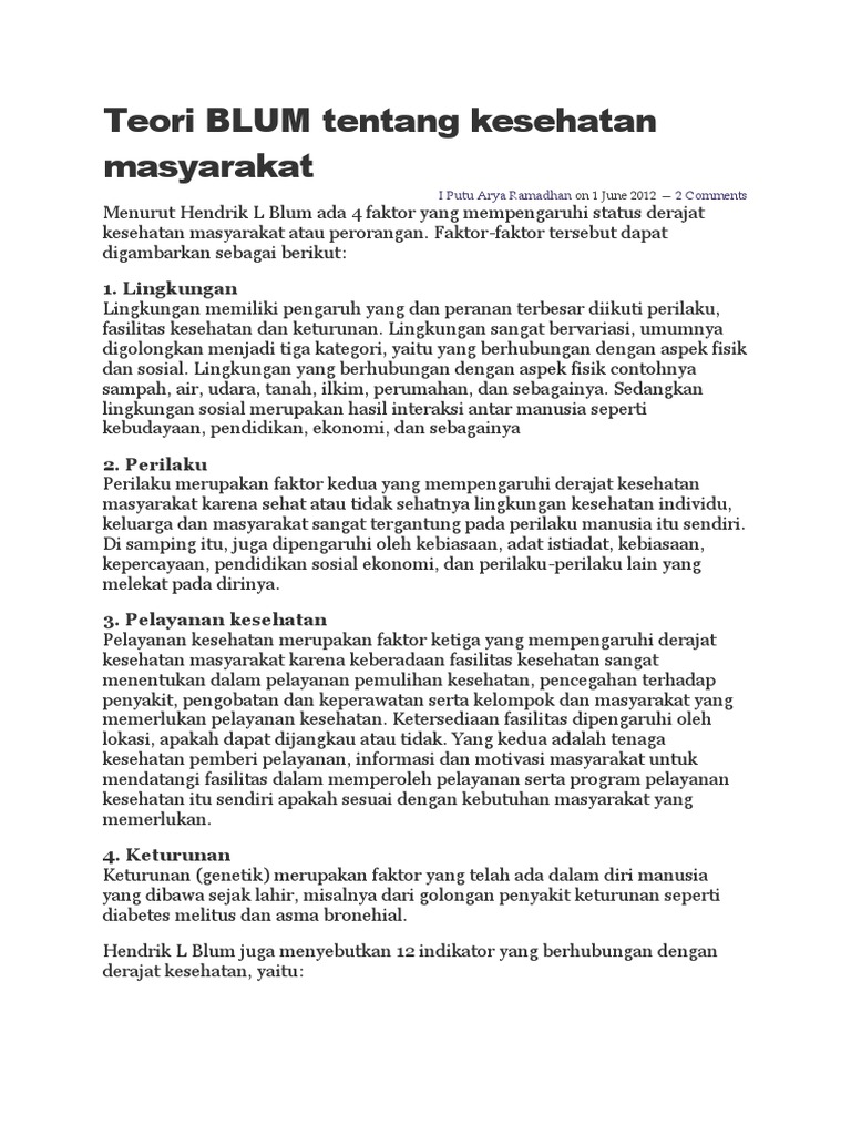 Teori BLUM Tentang Kesehatan Masyarakat | PDF