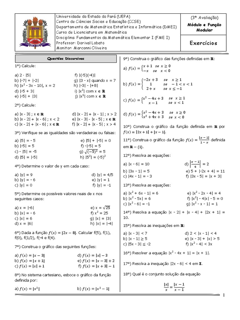 Exercícios de Função Modular e Módulo | PDF | Equações | Função ...