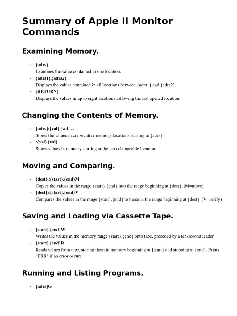 Apple II Monitor Command Summary | PDF | Compact Cassette | Electronic ...