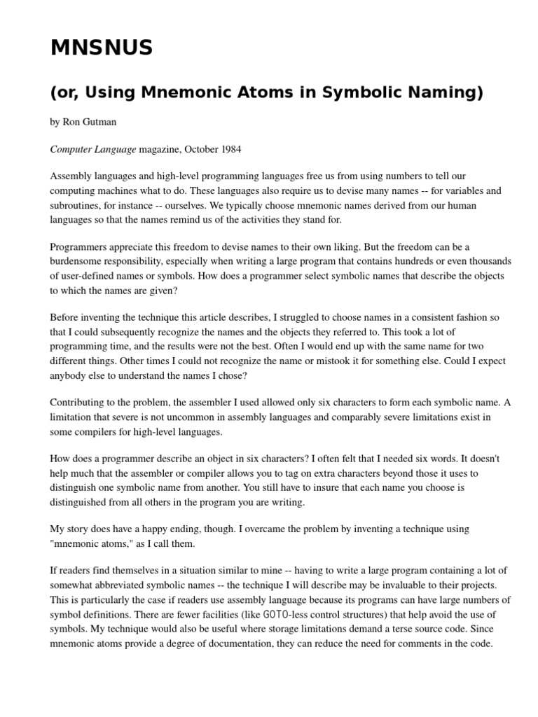 Mnsnus Or Using Mnemonic Atoms In Symbolic Naming Pdf Subroutine Assembly Language
