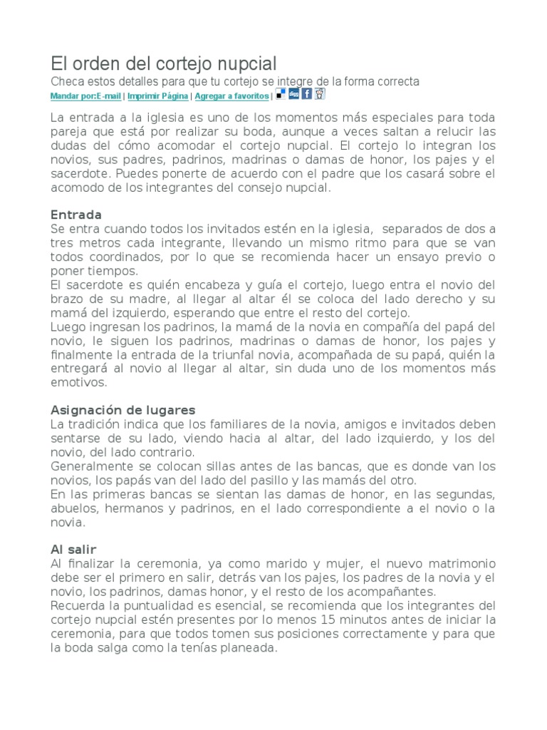 El Orden Del Cortejo Nupcial | PDF | Padrino | Boda
