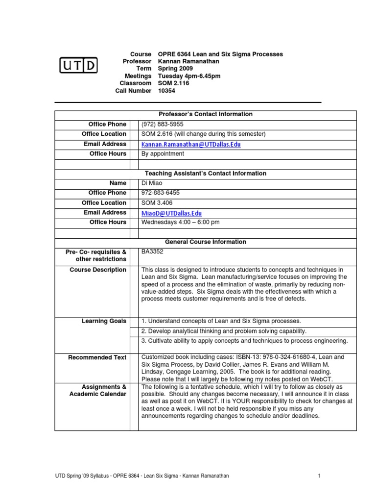 UTD OPRE 6364 Lean Six Sigma Syllabus | PDF | Lean Manufacturing ...