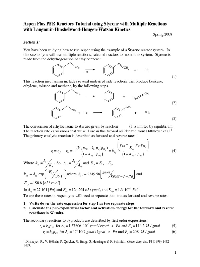 Aspen Plus PFR Reactors Tutorial Using Styrene With Multiple Reactions ...