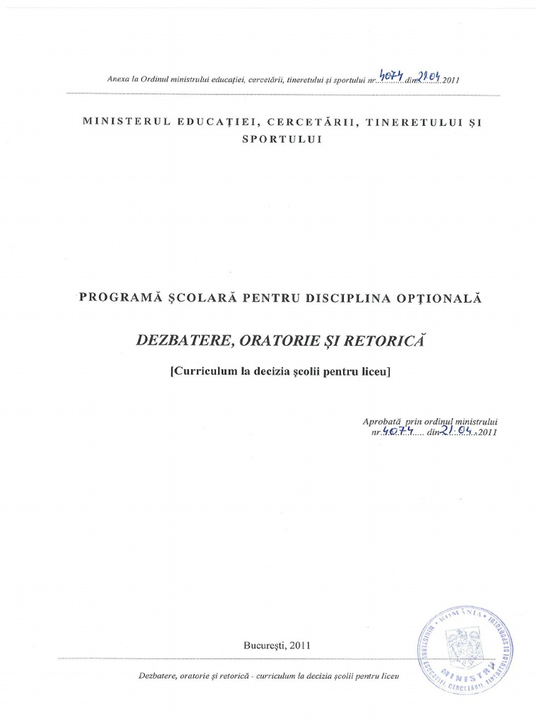 Programa Scolara Dezbatere Oratorie Si Retorica PDF | PDF