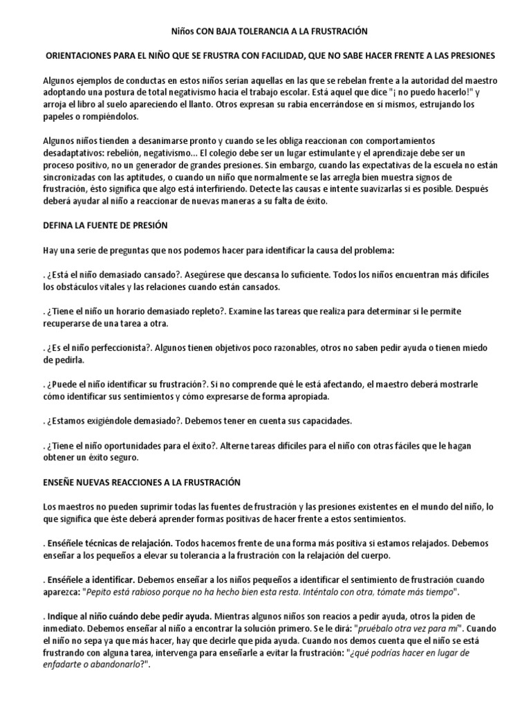 Niños CON BAJA TOLERANCIA A LA FRUSTRACIÓN | PDF | Adultos | Tolerancia