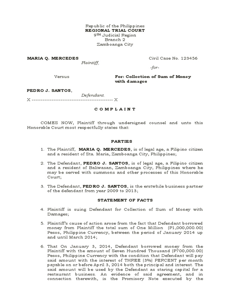 Collection of Money | PDF | Lawsuit | Complaint