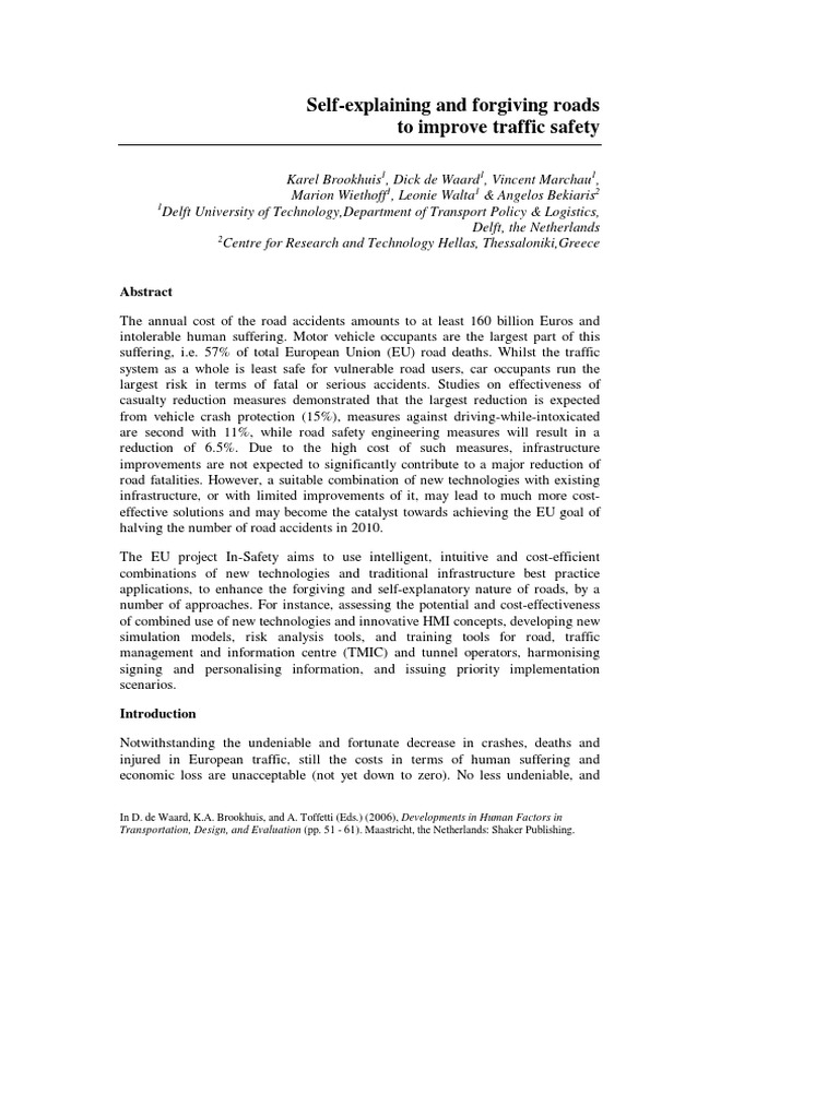 Self-Explaining and Forgiving Roads To Improve Traffic Safety | PDF ...