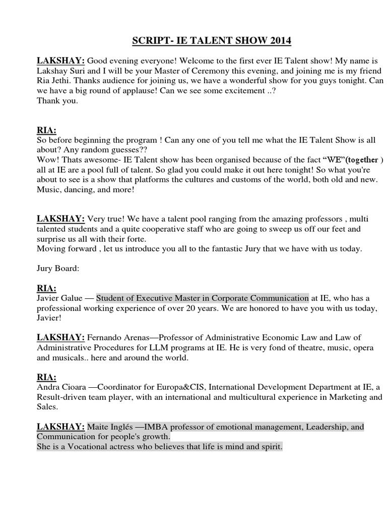 Talent Show Script | PDF | Performing Arts | Entertainment (General)