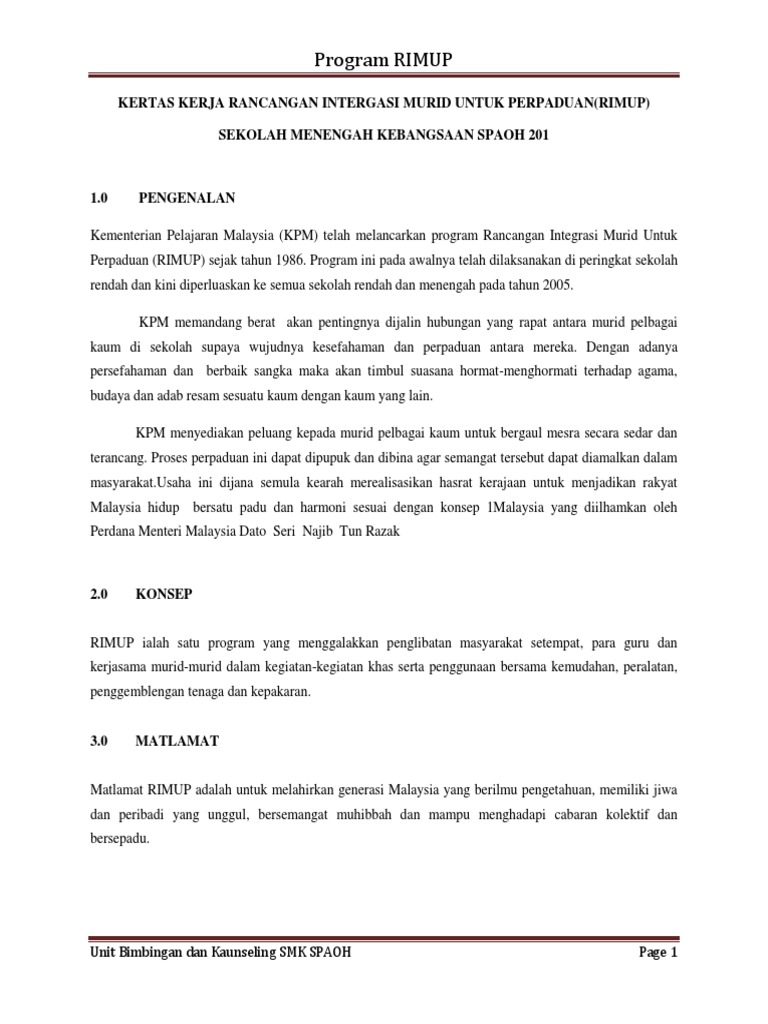 Kertas Kerja Rancangan Intergasi Murid Untuk Perpaduan | PDF
