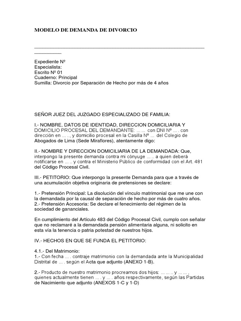 MODELO DE DEMANDA DE DIVORCIO.docx | Divorcio | Demanda judicial